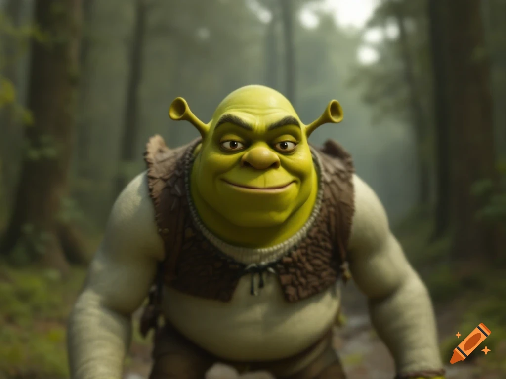 Shrek peeking through a blurry forest landscape. on Craiyon