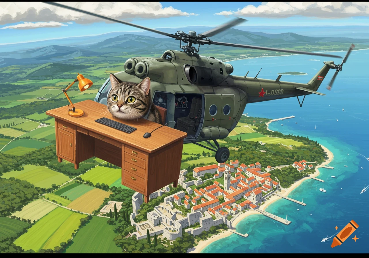 A cat sits behind a desk attached to a helicopter flying over a coastal ...