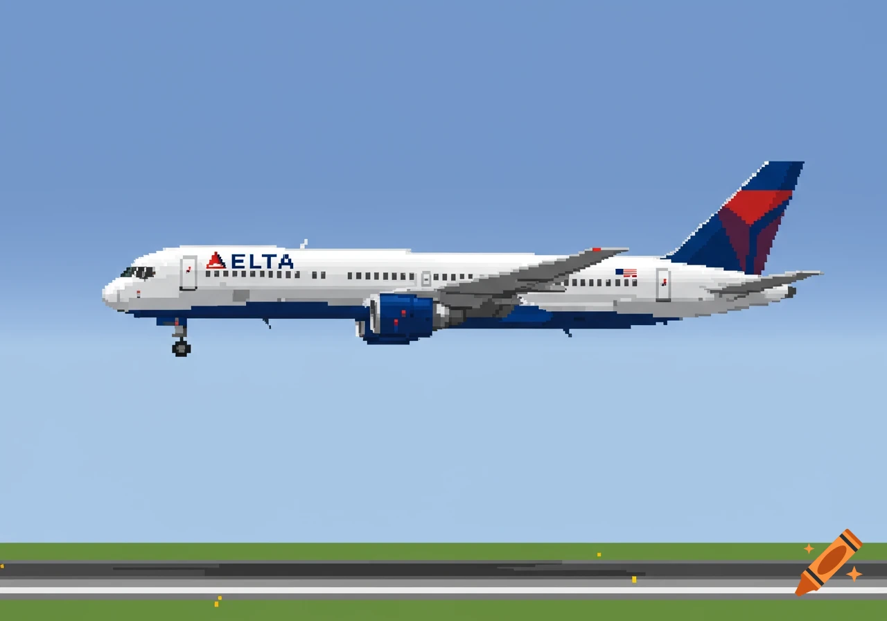 A Delta Boeing 757 airplane rendered in pixel art style, flying against ...