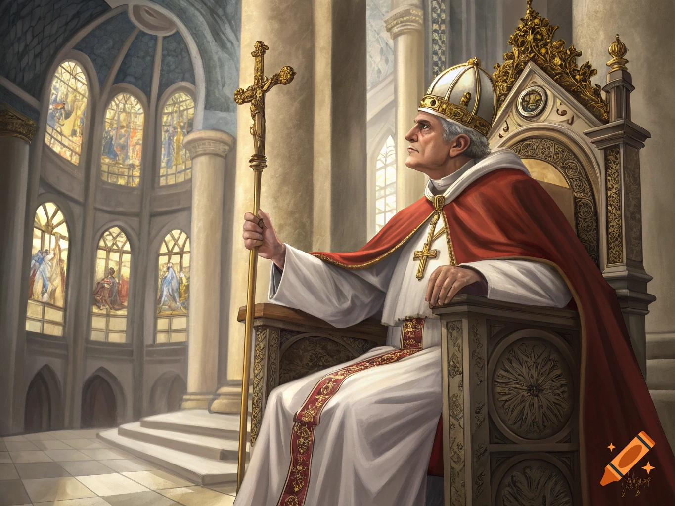 Pope sitting on a throne in a church with stained glass windows ...