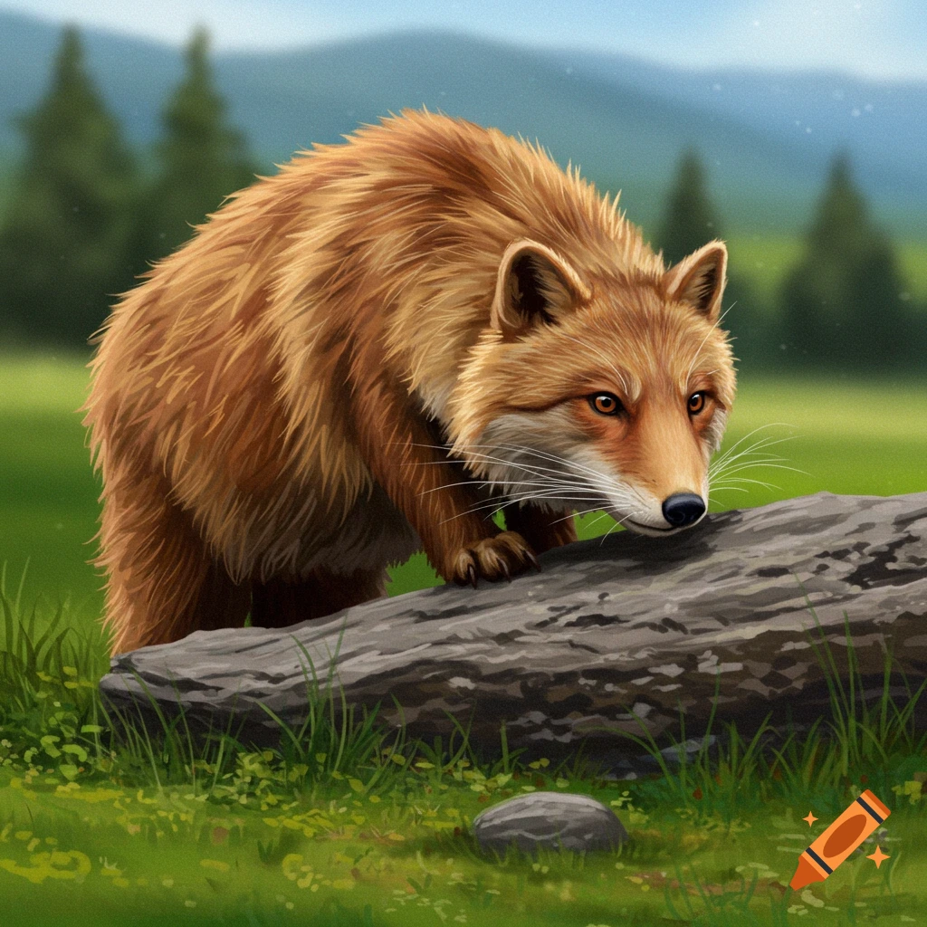 An illustration of a fox-like bear creature leaning on a log in a ...