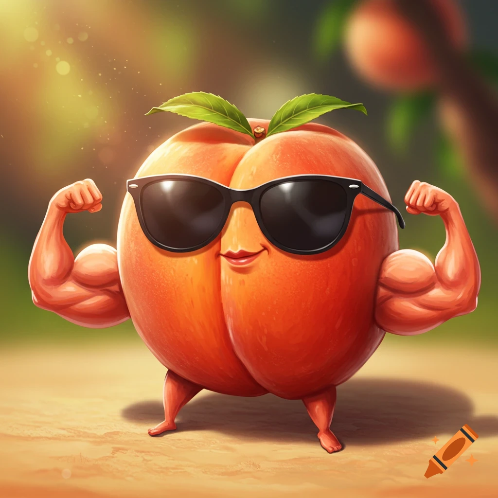A cartoon peach character wearing sunglasses flexes muscles in a sunny ...
