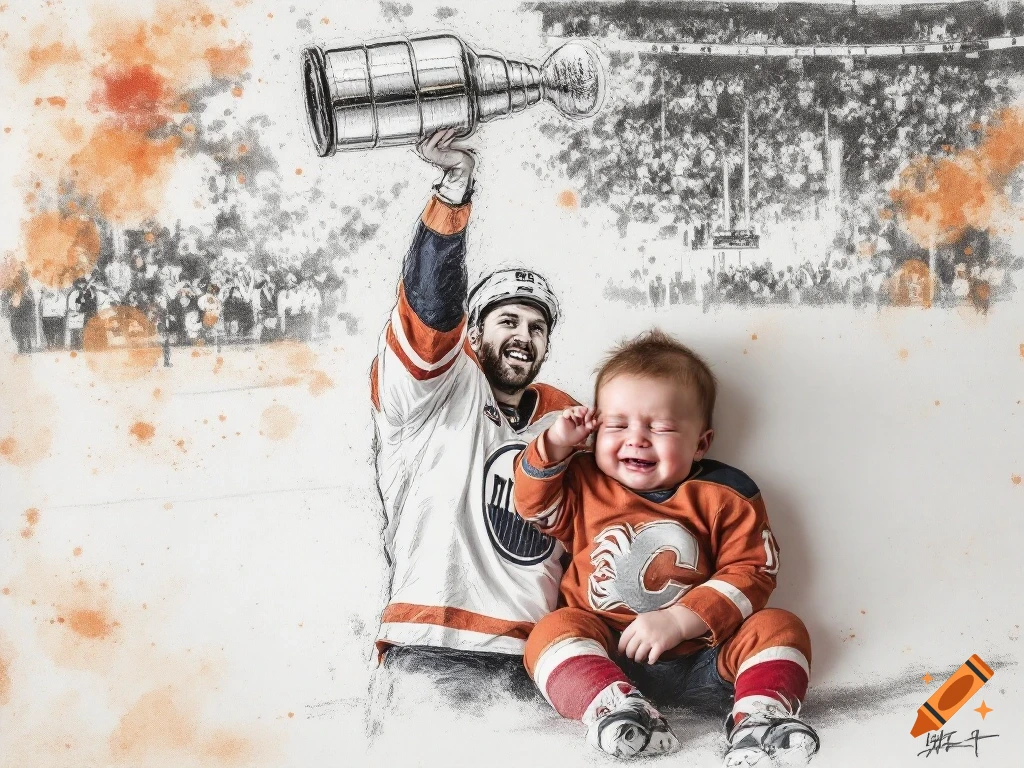 Sketch of a hockey player hoisting a trophy next to a crying baby in a ...