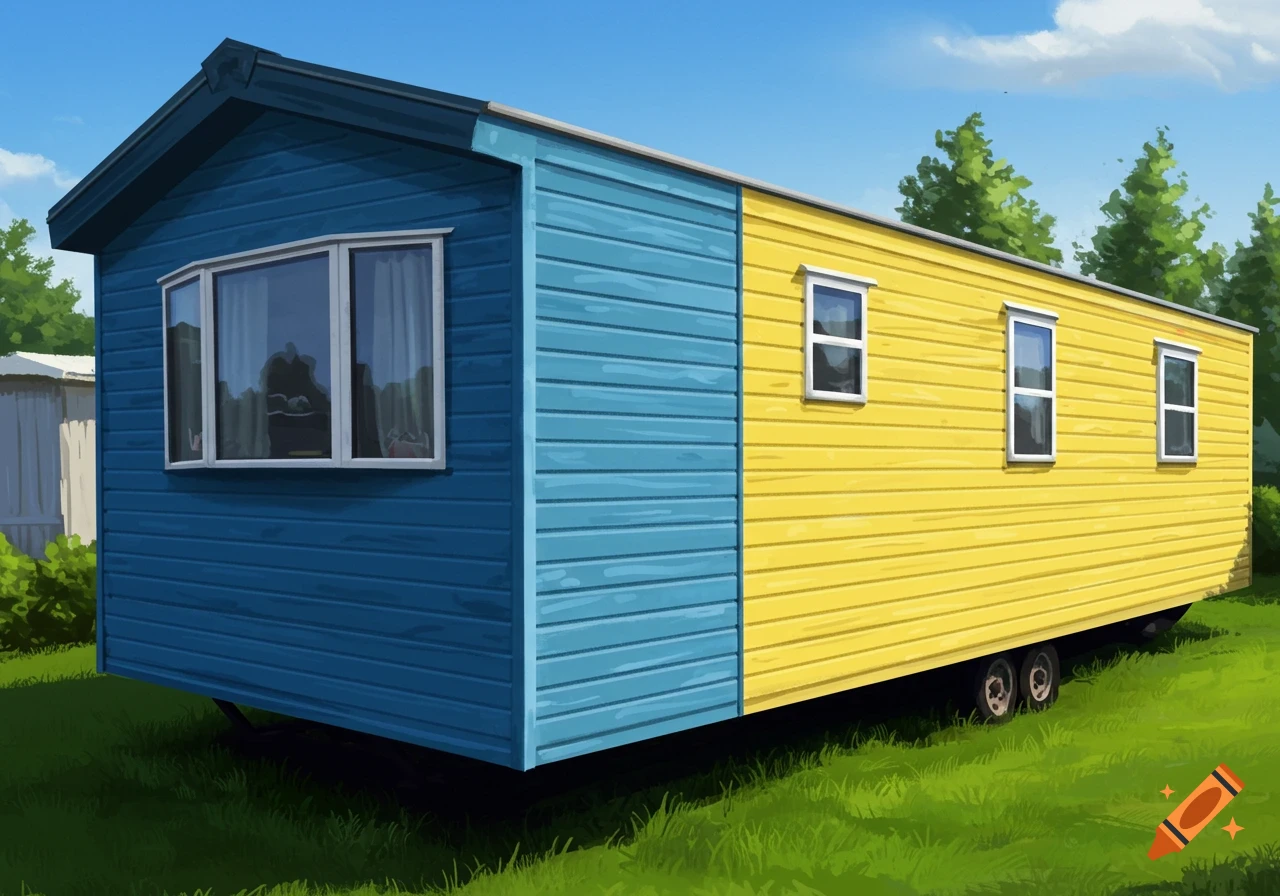 A blue and yellow mobile home in a grassy field under a blue sky ...