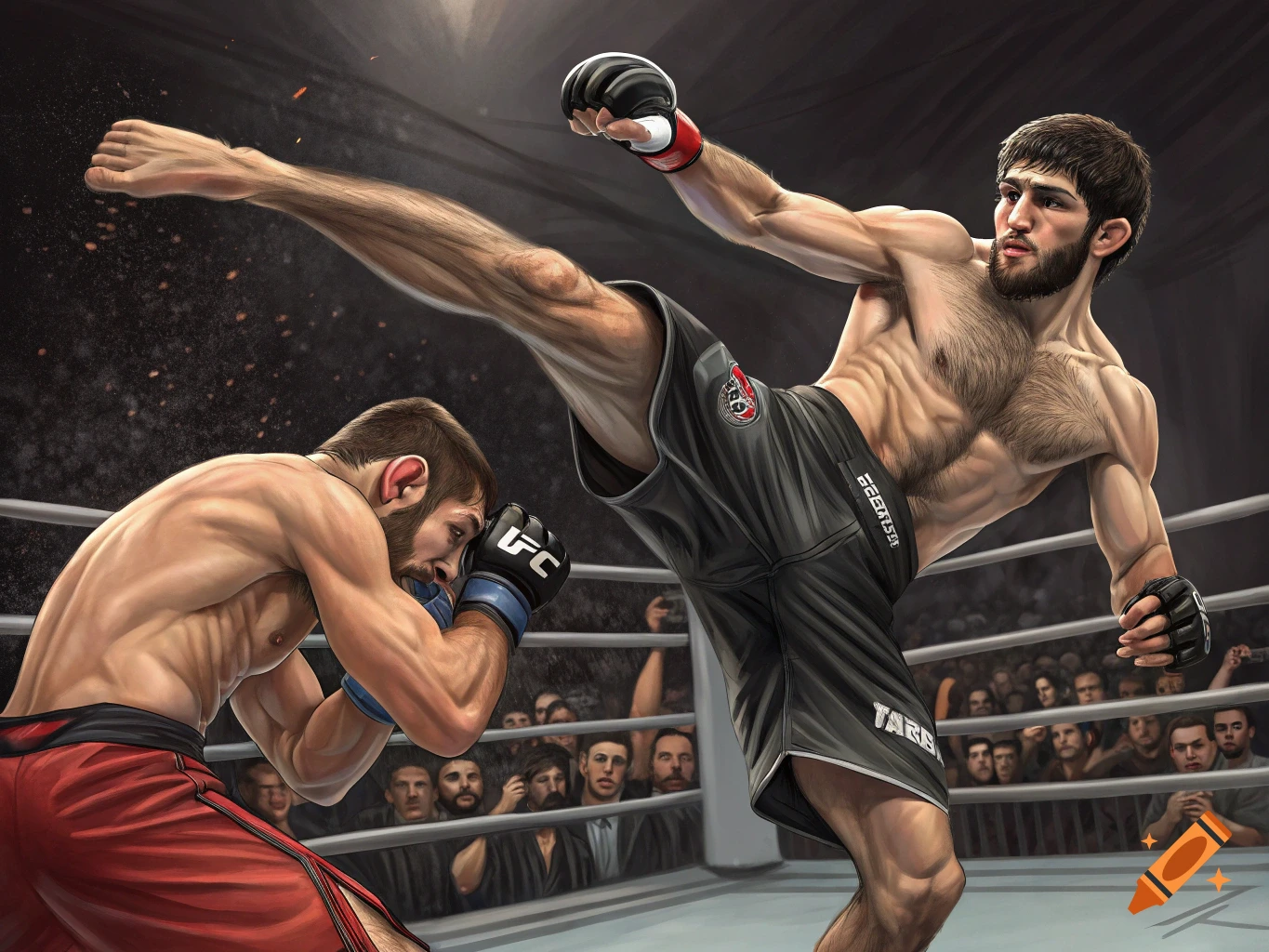 Two male fighters in an MMA ring, one kicking the other. on Craiyon