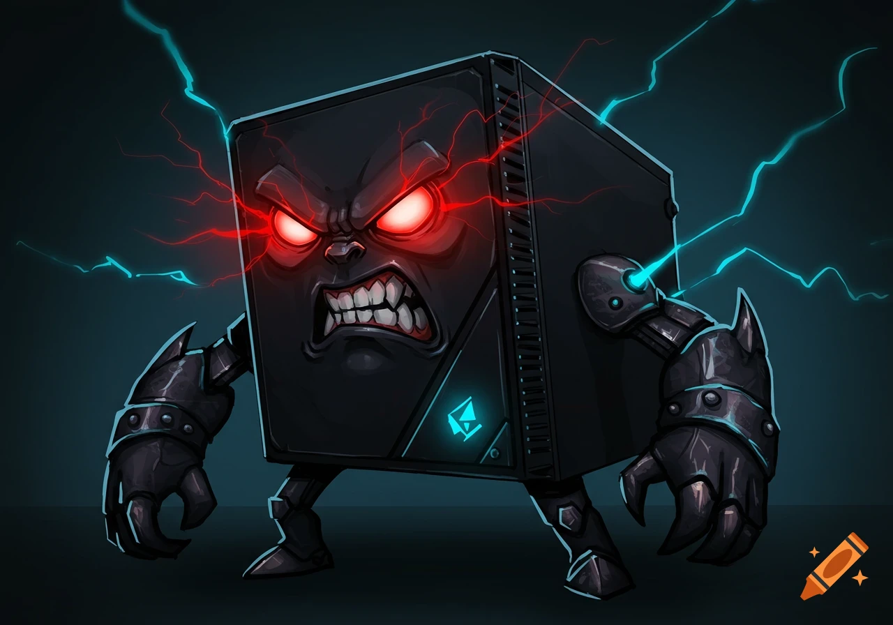 Angry cartoon computer monster with glowing red eyes and metallic limbs ...