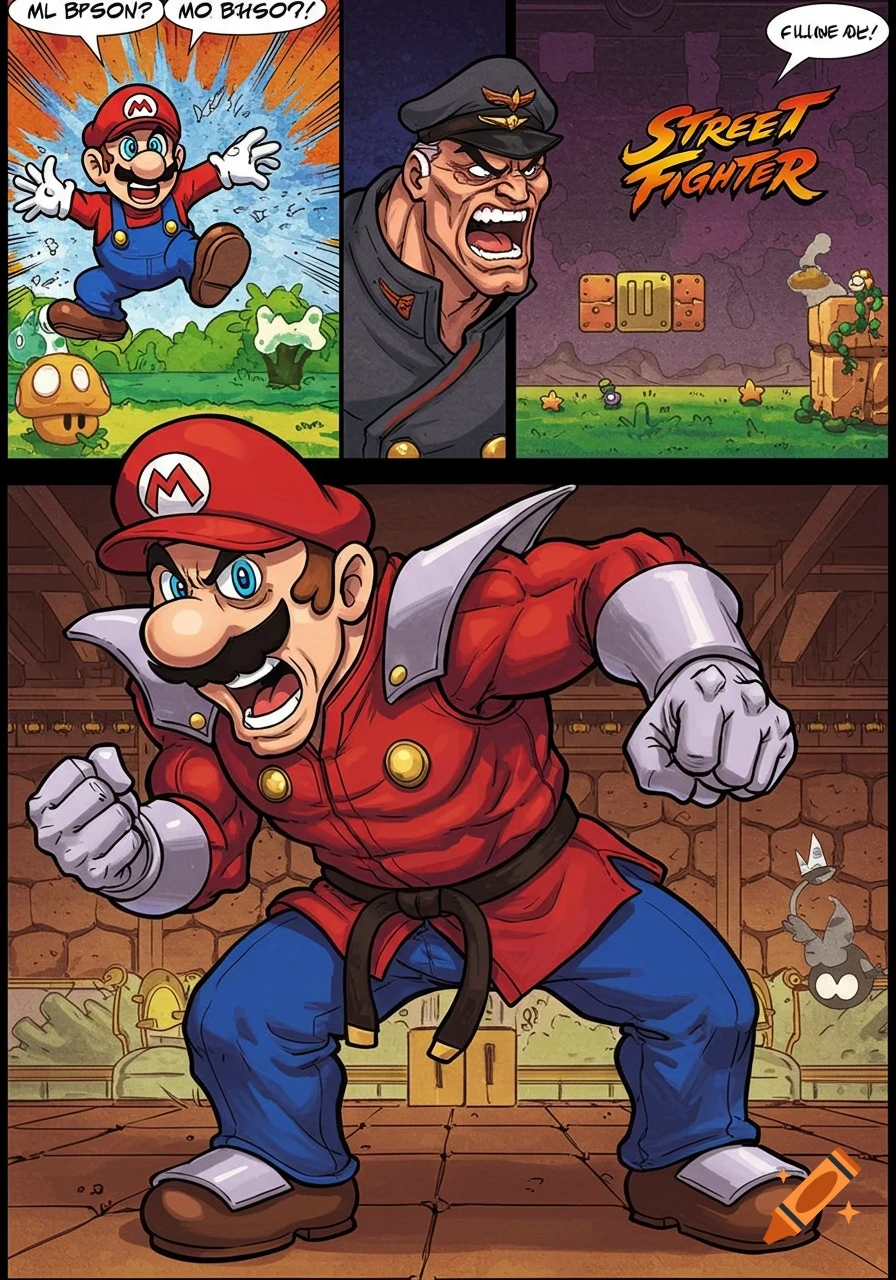 Comic panel showing Mario, M. Bison, and Mario dressed as M. Bison ...