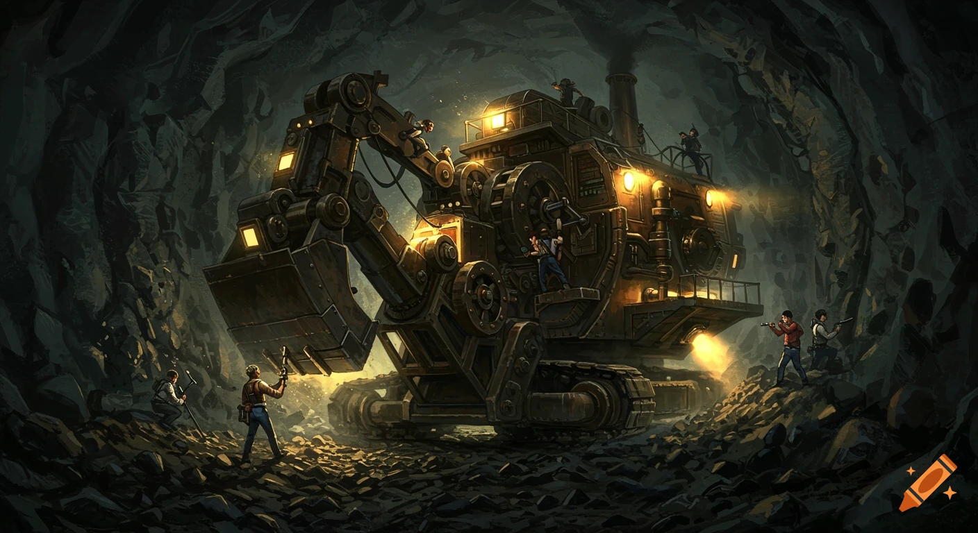 A large steampunk machine digging in a dark cave, with people around it ...