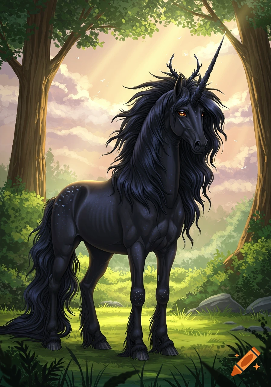A majestic black unicorn with a long mane and antlers stands in a sunlit forest clearing. on Craiyon