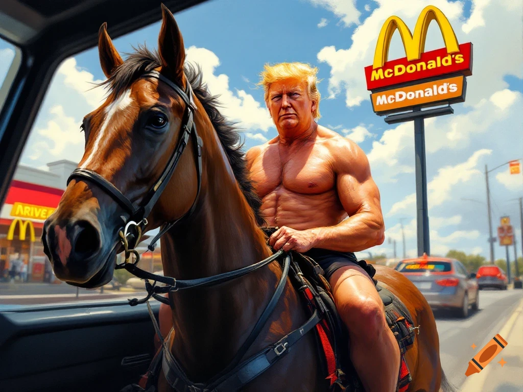 Shirtless Donald Trump rides a horse through a McDonald's drive-through ...