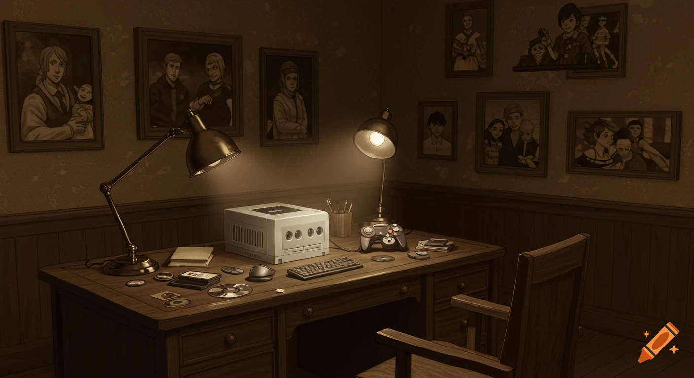 Sepia-toned drawing of a desk with a Nintendo GameCube, controllers ...