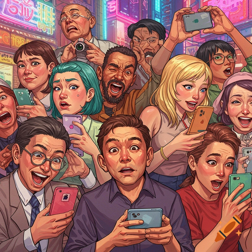 Illustration of a crowd of people looking excitedly at their phones in ...