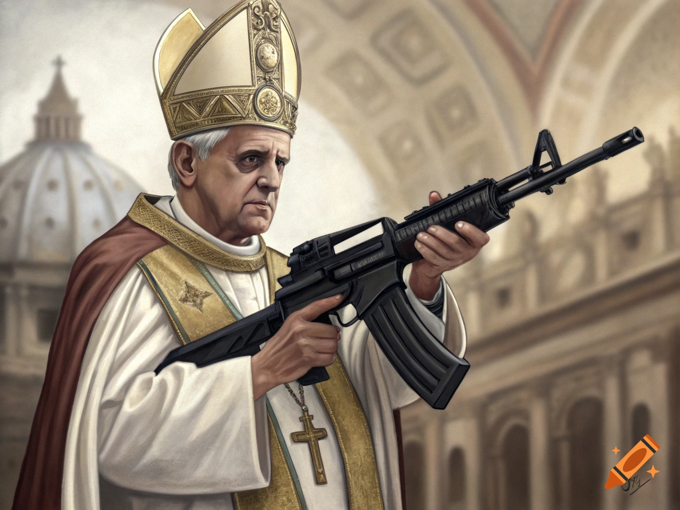Painting of a pope in religious attire holding an AR-15 rifle inside a ...