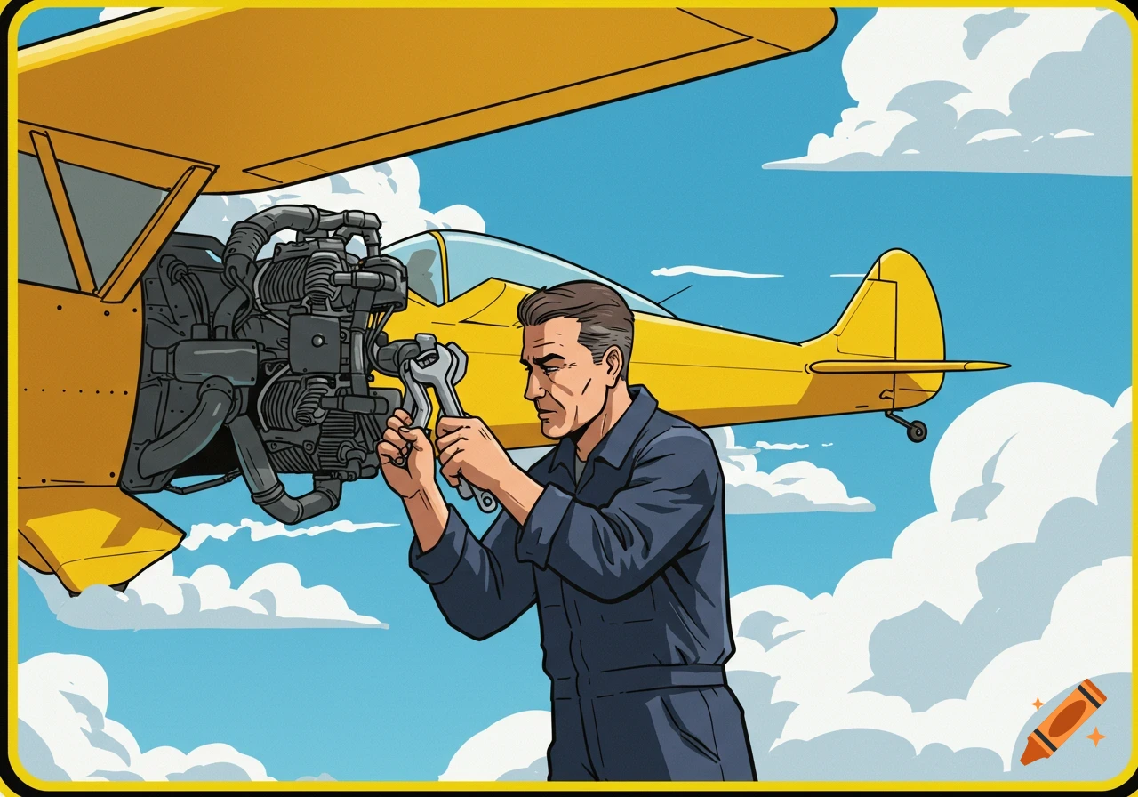 A person in overalls fixes a yellow airplane engine mid-flight, in a ...