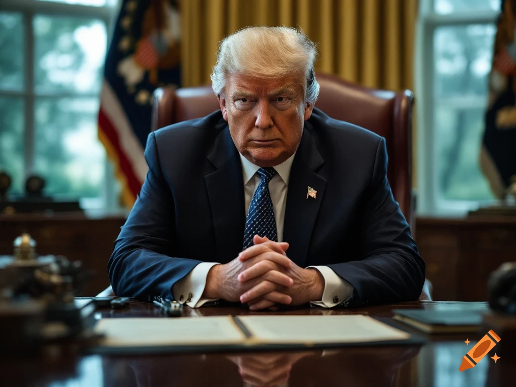 Donald Trump sits at a desk in an office, looking directly at the ...