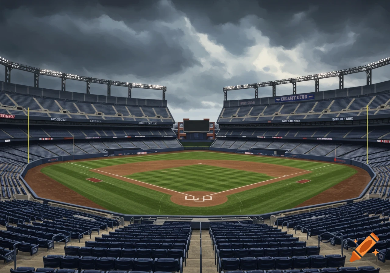View of an empty baseball stadium under a dark, cloudy sky on Craiyon
