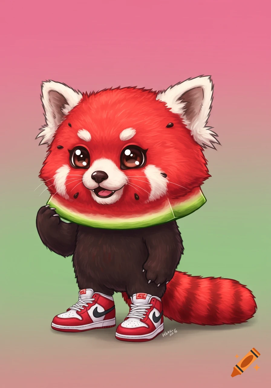 Cute cartoon red panda wears a watermelon slice and red/white Nike ...