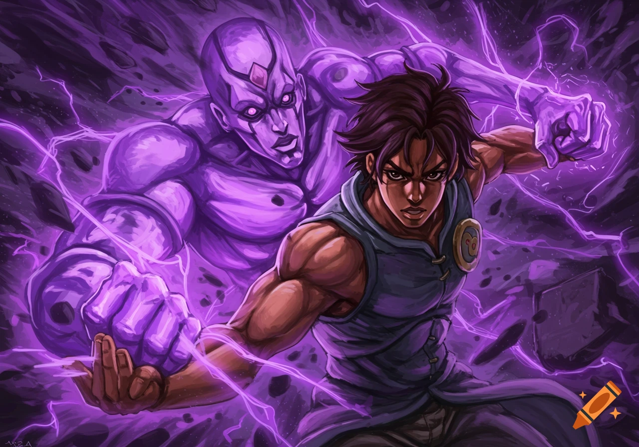 Anime characters Fugo and Purple Haze surrounded by purple energy in an ...