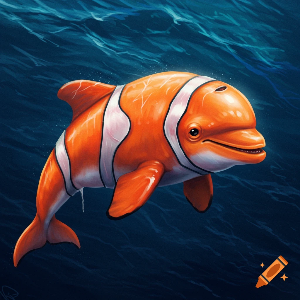 An orange dolphin with white clownfish stripes swims underwater in a ...