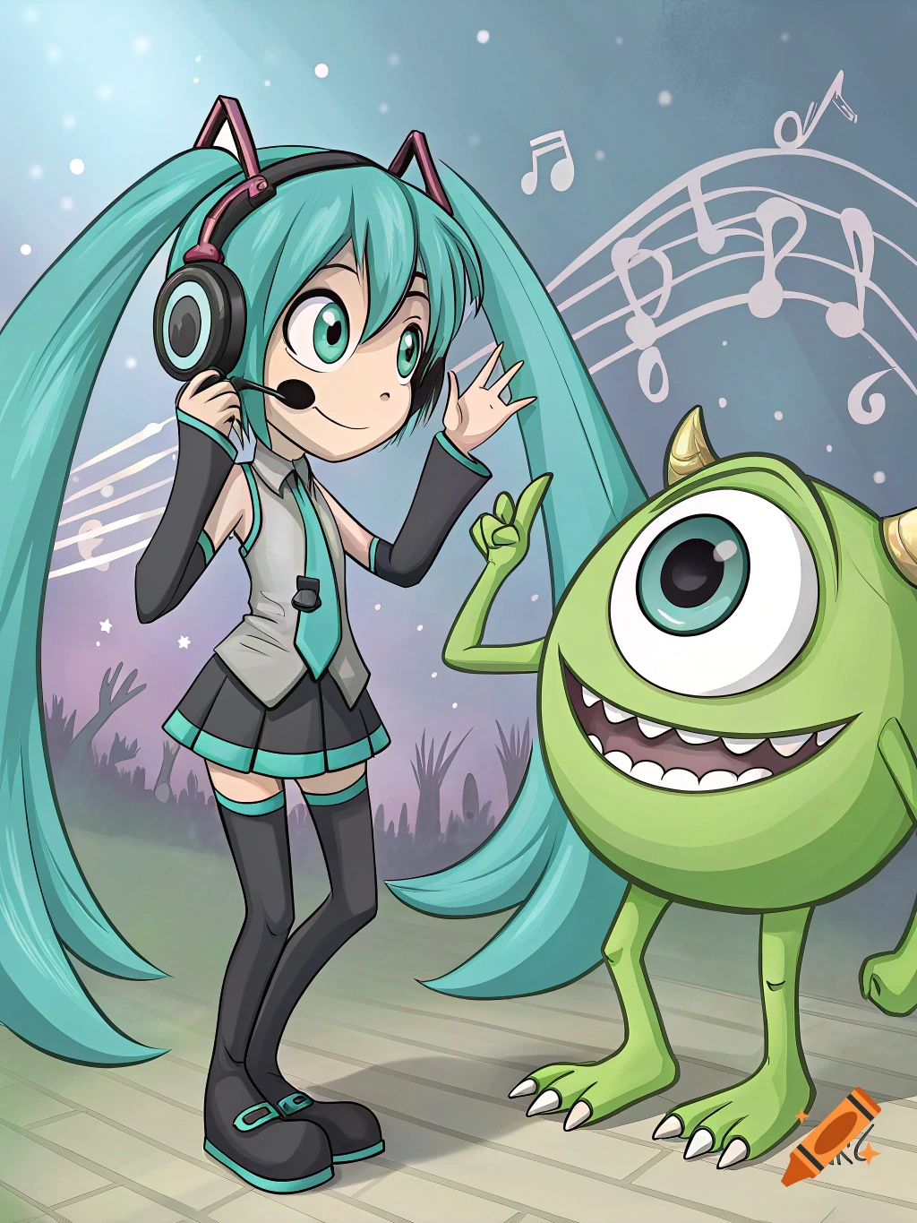Cartoon illustration of Hatsune Miku and Mike Wazowski with musical ...