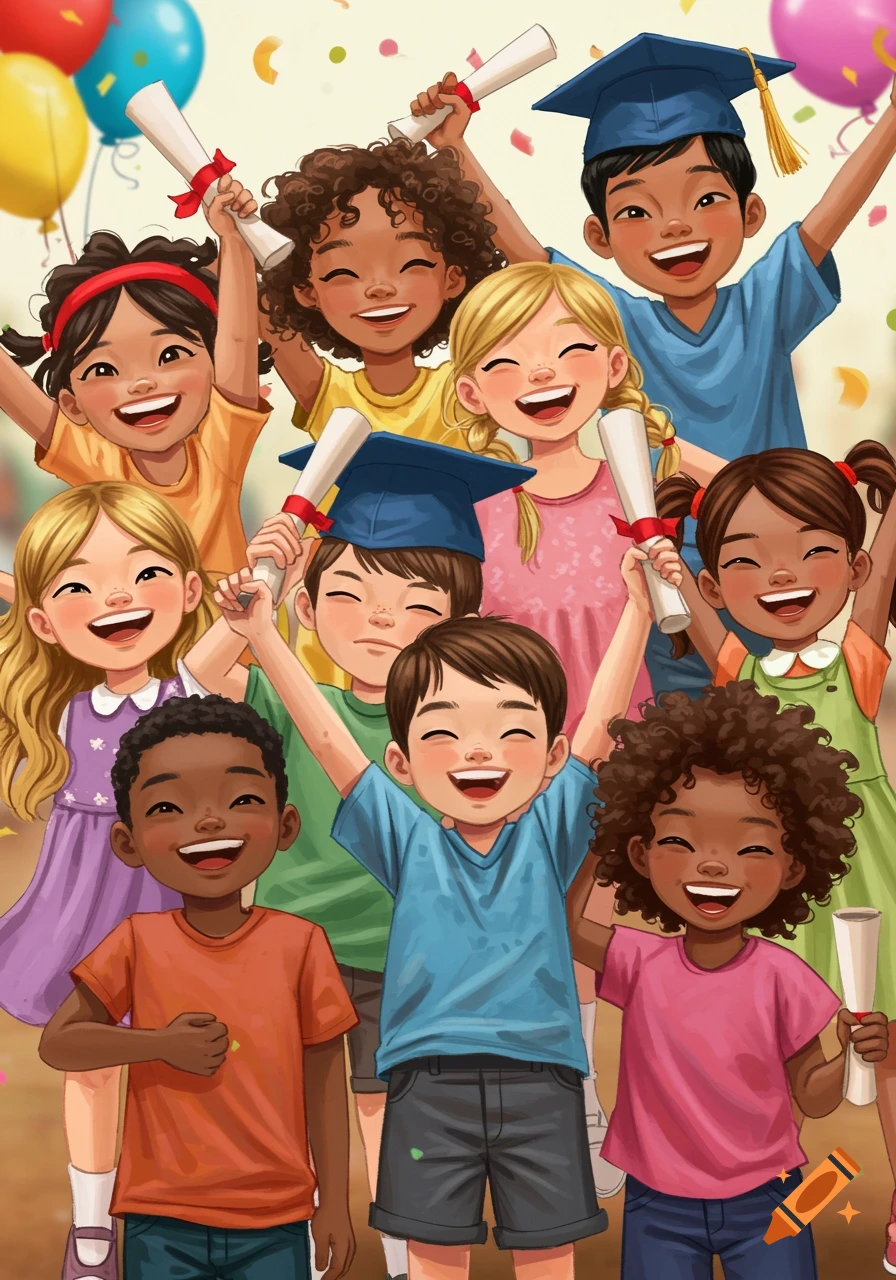 A group of diverse children celebrate graduation with diplomas, caps ...