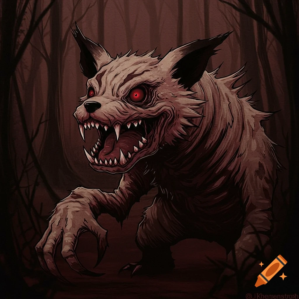 A horror illustration of a monstrous creature with red eyes and sharp teeth in a dark forest. on ...