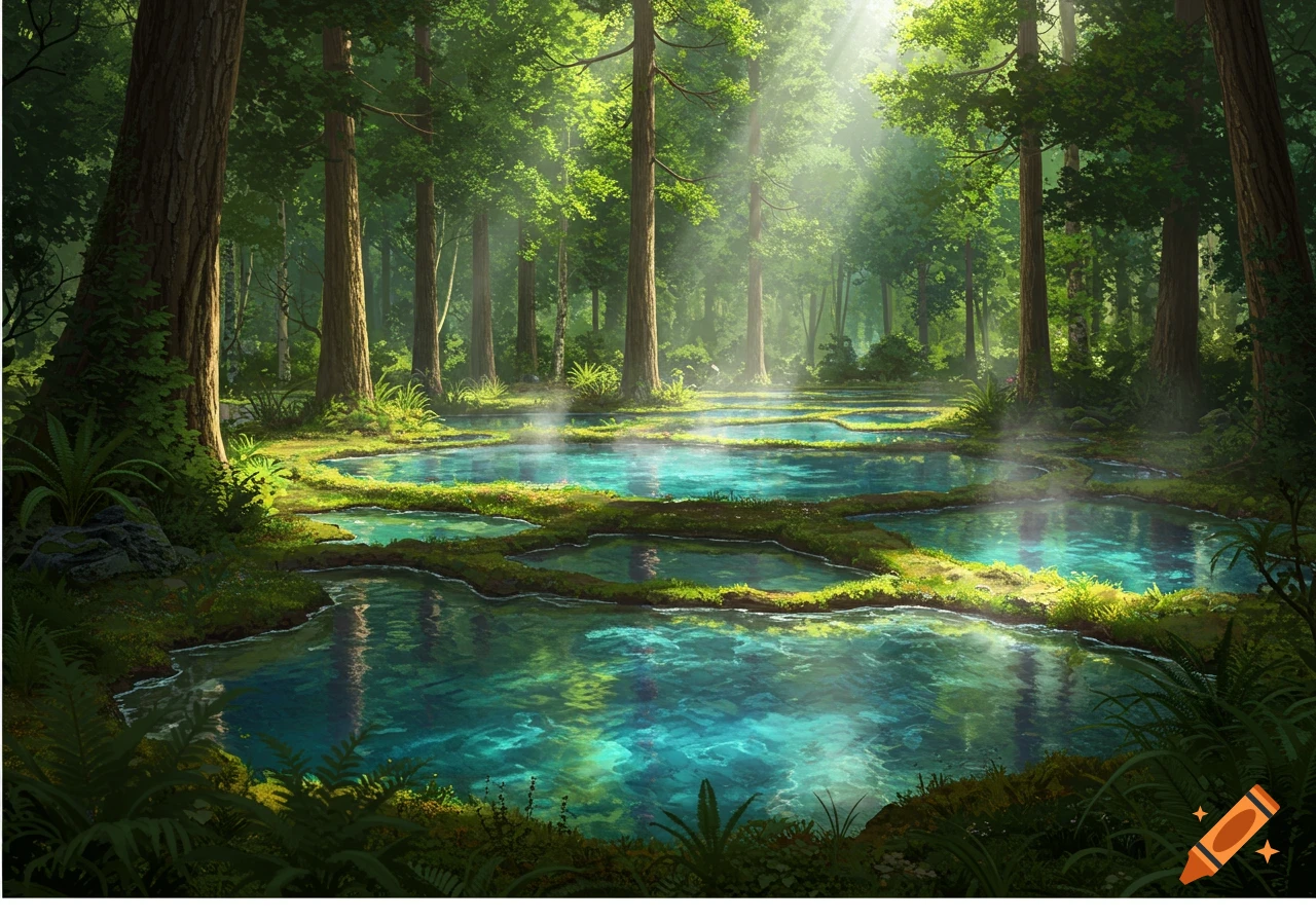 Sunlight streams through trees in a lush forest with many pools of water. on Craiyon