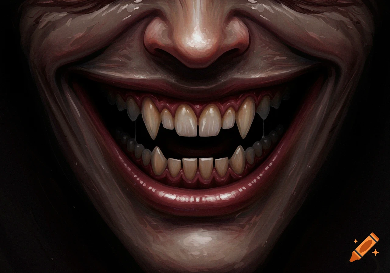 Close-up of a monstrous grin with sharp fangs and teeth on Craiyon