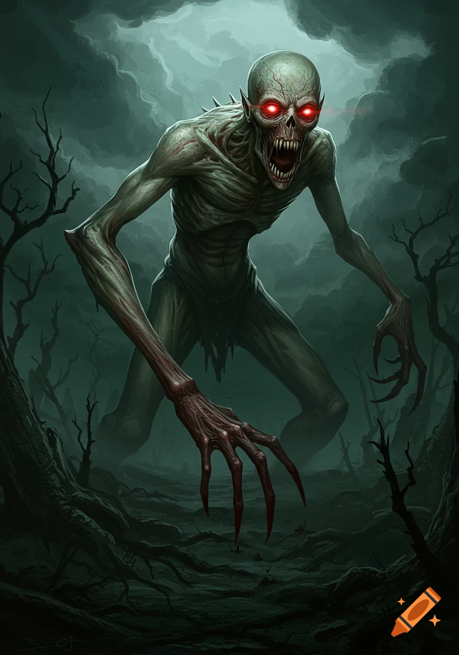 Illustration of a creepy, skeletal creature with red eyes and claws in ...
