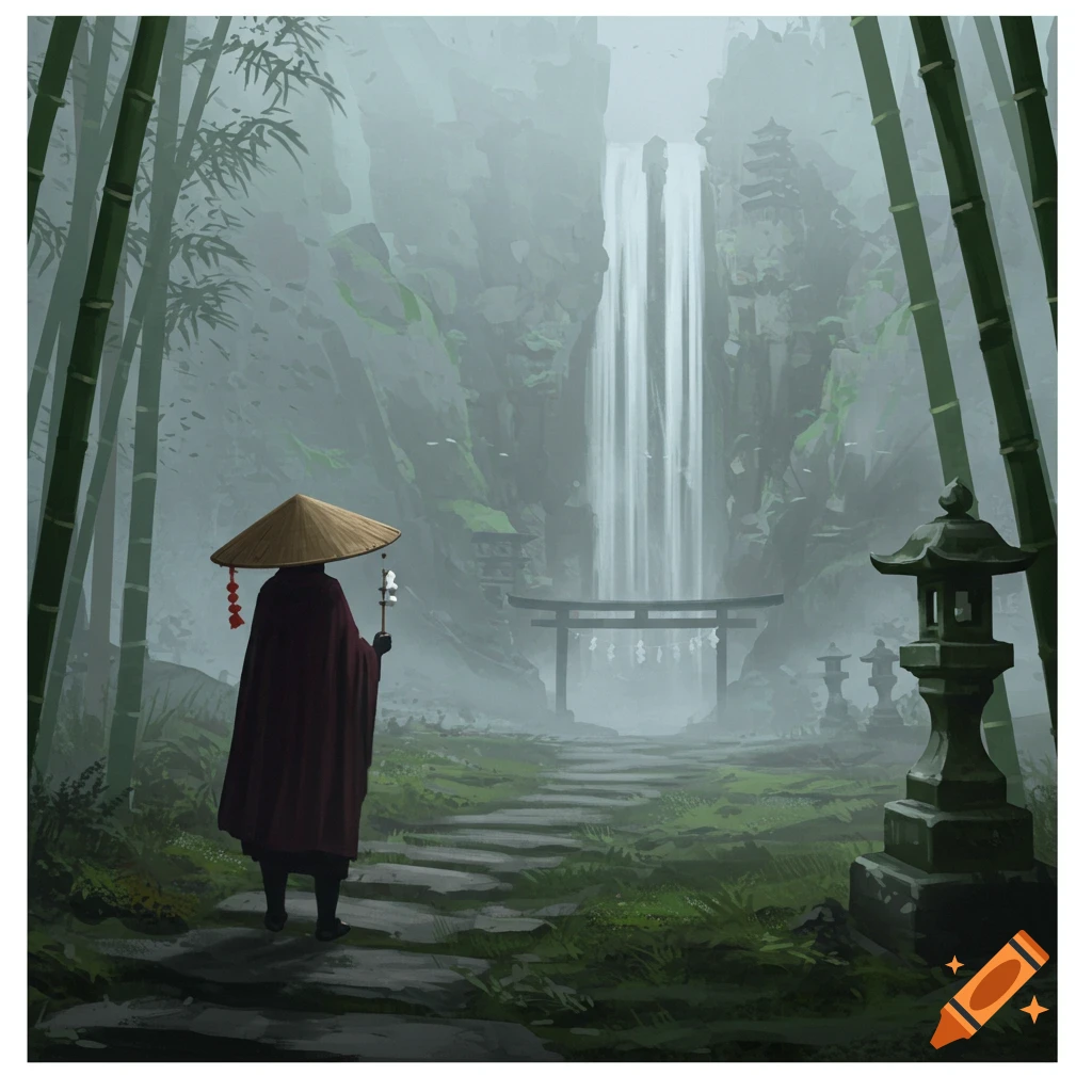Figure in conical hat looks towards waterfall shrine in misty bamboo ...
