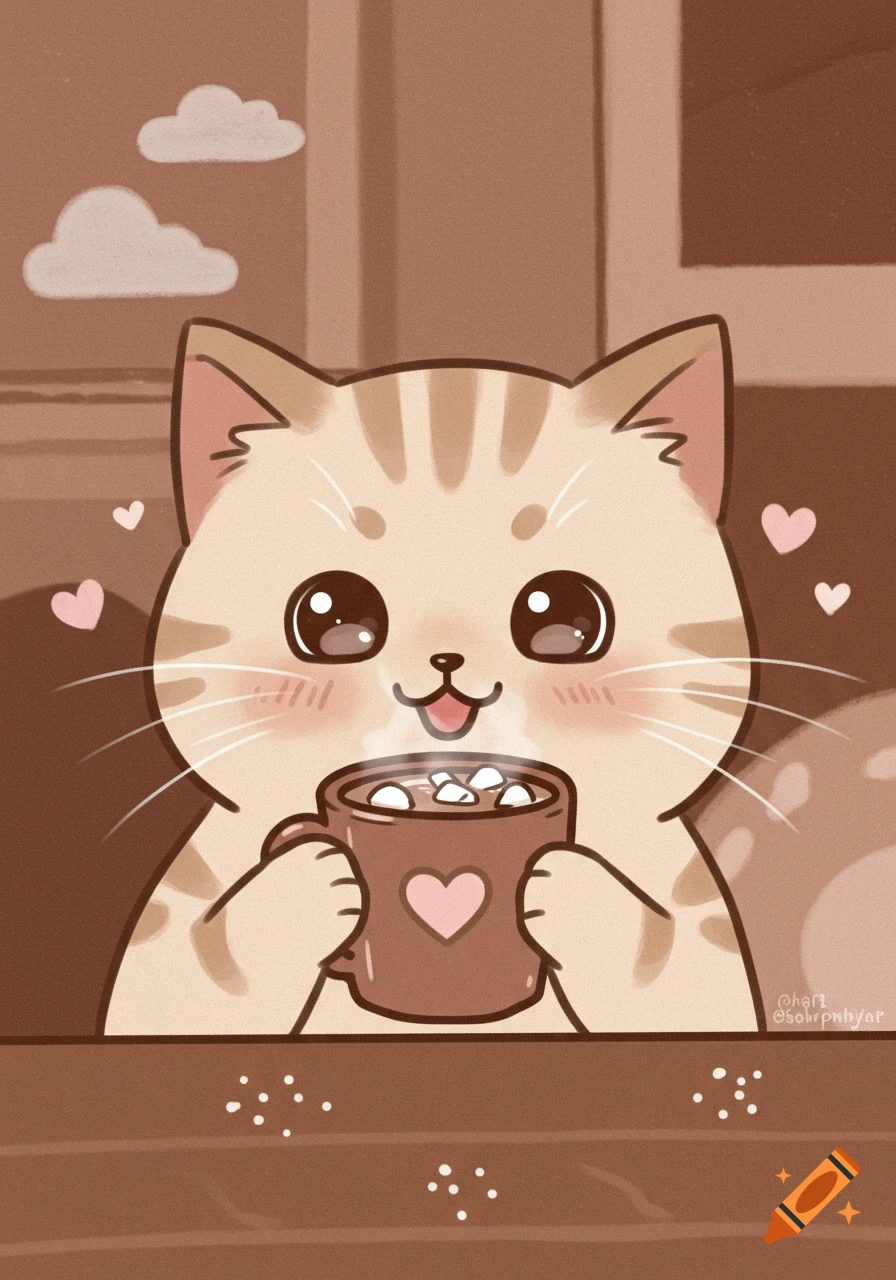 Cute kawaii cat drinking hot cocoa with marshmallows. on Craiyon