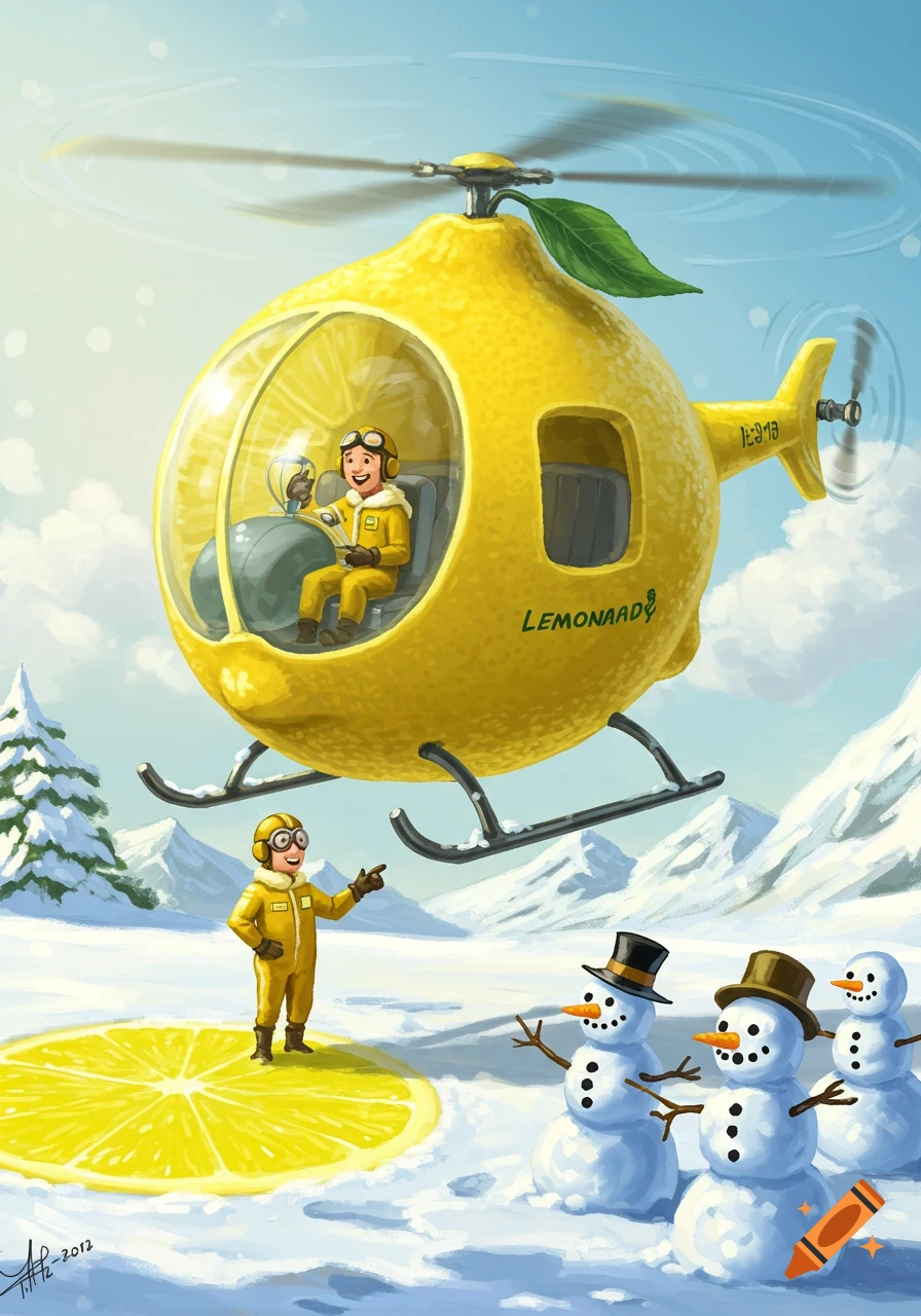 Illustration of a boy in a lemon helicopter above a boy and snowmen on ...