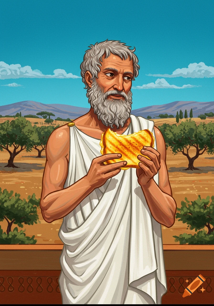 Greek philosopher Diogenes holds a grilled cheese sandwich in an ...