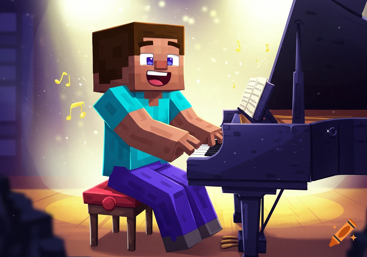 Minecraft Steve playing a grand piano in a cartoon style, with musical ...