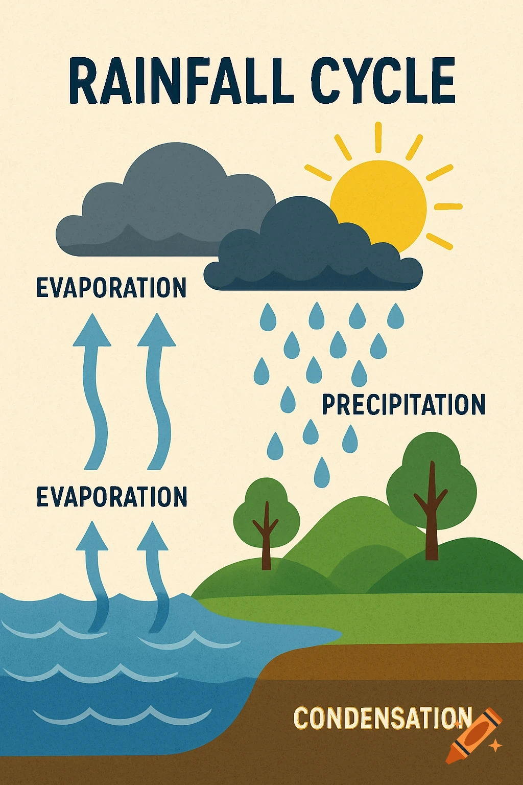 Illustration of the rainfall cycle showing evaporation, precipitation ...