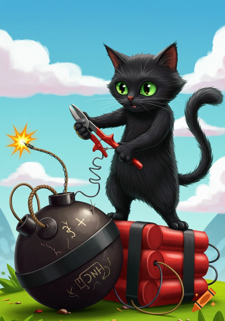 Cartoon black cat with wire cutters attempts to defuse a bomb next to ...