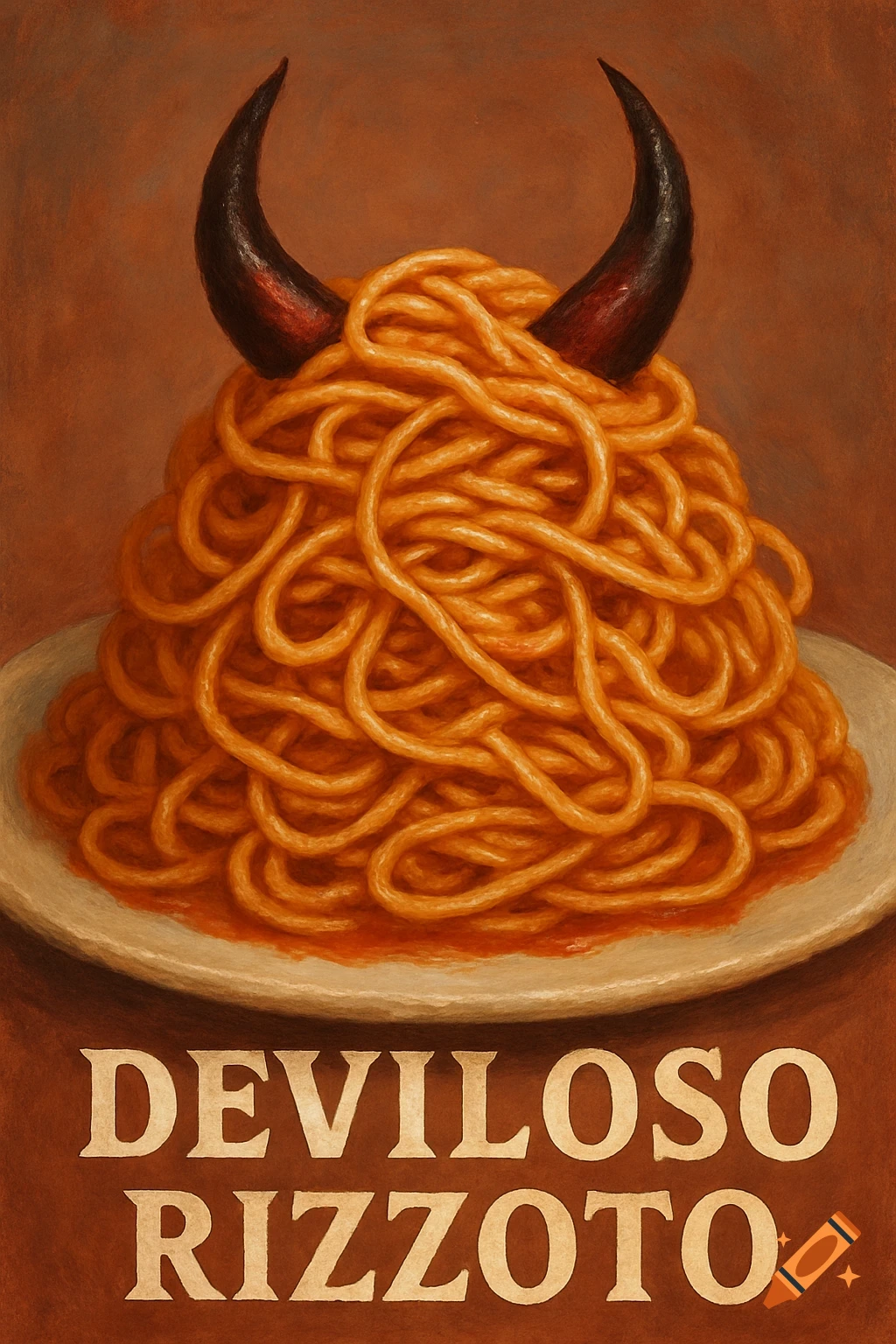 A plate of spaghetti with devil horns sticking out, with 'DEVILOSO ...
