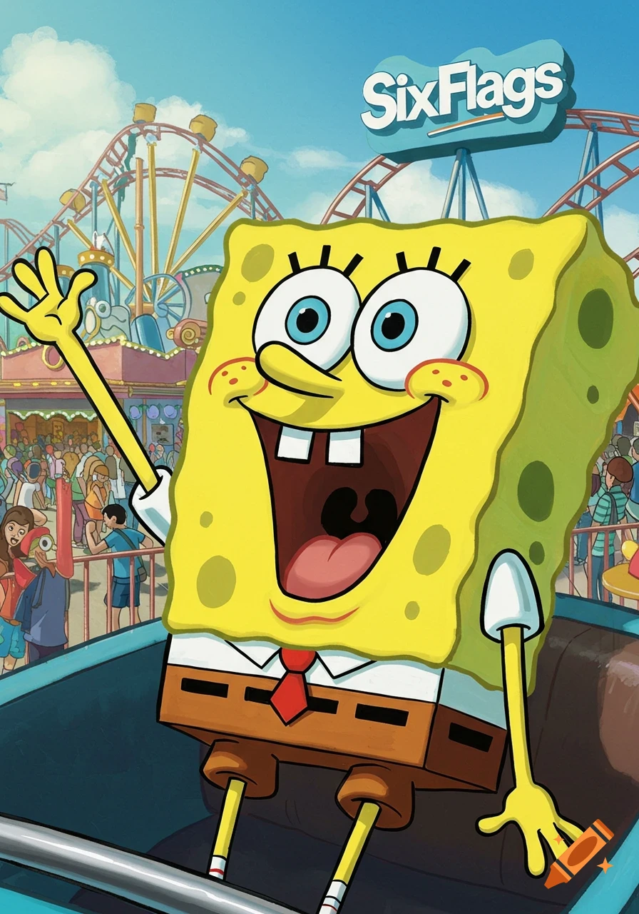 SpongeBob rides a rollercoaster at Six Flags amusement park. on Craiyon