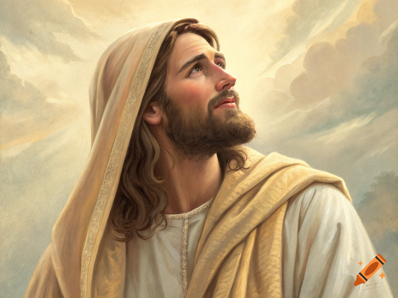 Portrait of Jesus Christ looking up at the sky in a classic painting style on Craiyon