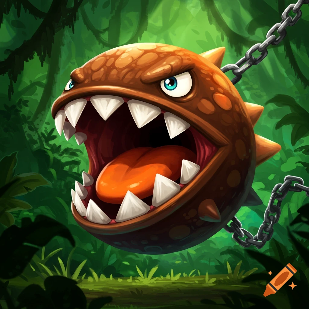 A Chain Chomp monster with sharp teeth and a large tongue is chained in ...