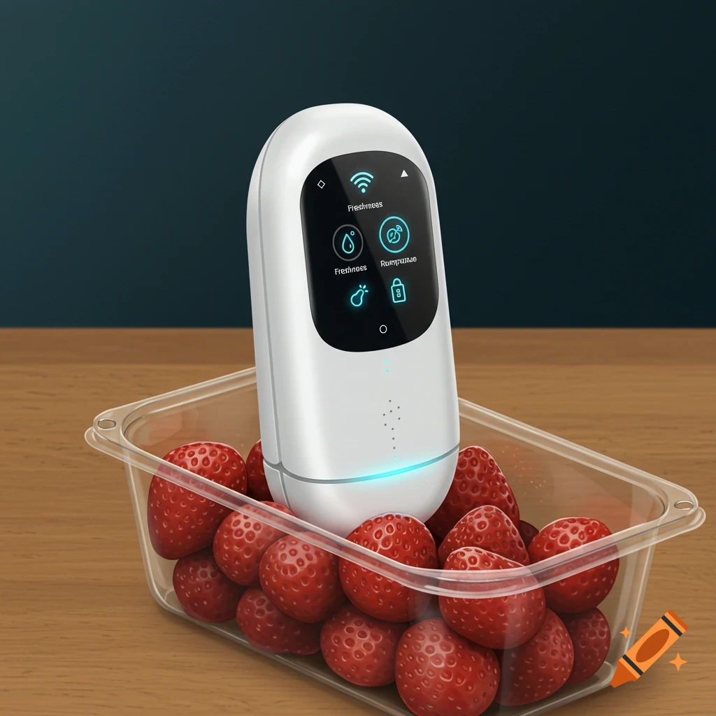 White futuristic food freshness device over strawberries. on Craiyon