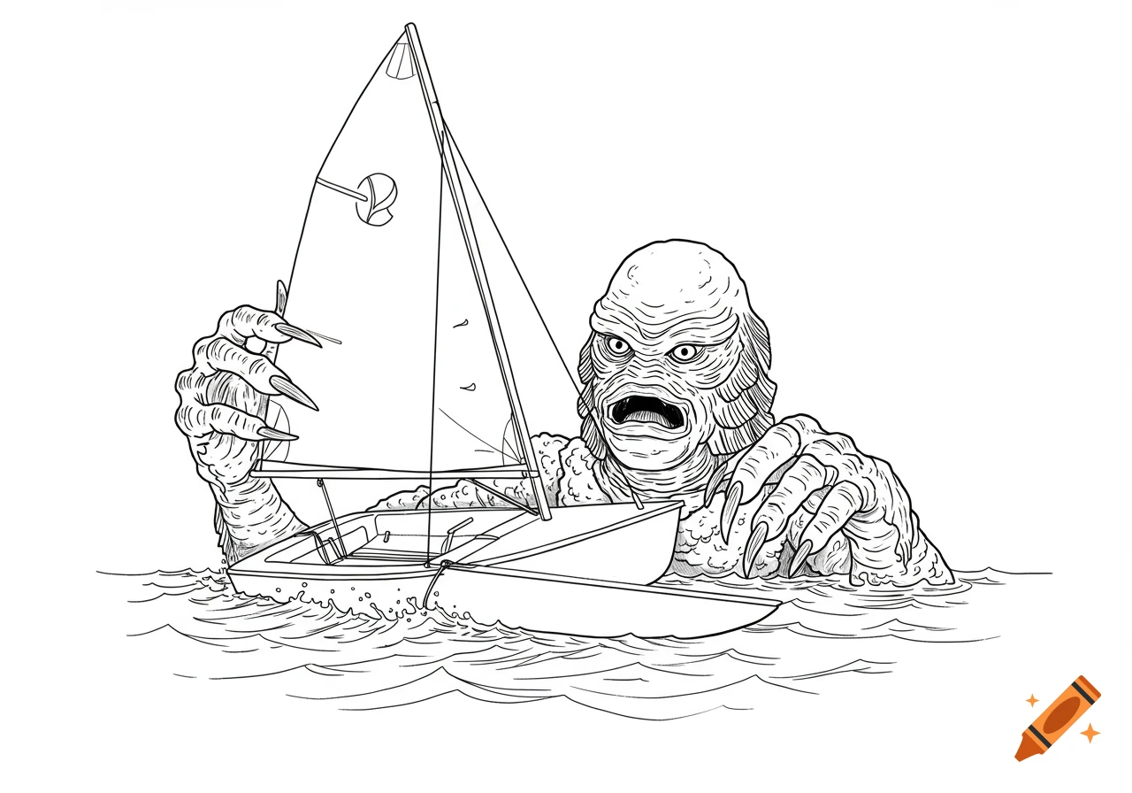 A black line drawing shows the Creature from the Black Lagoon holding a ...