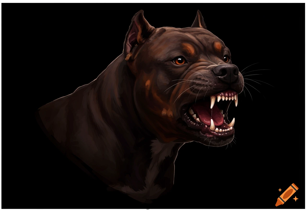 Close-up illustration of an aggressive brown dog snarling on a black ...