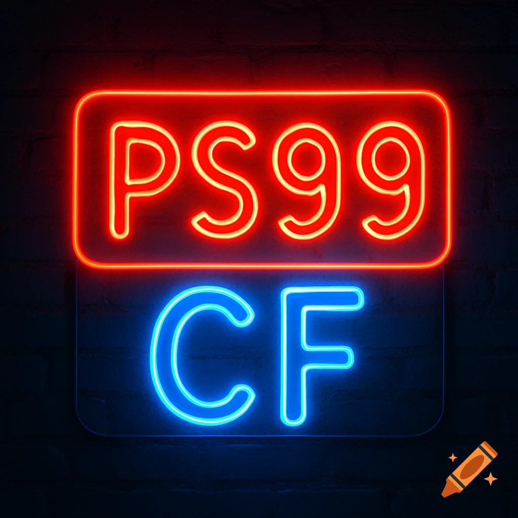 Red and blue neon sign on a brick wall reads PS99 CF on Craiyon