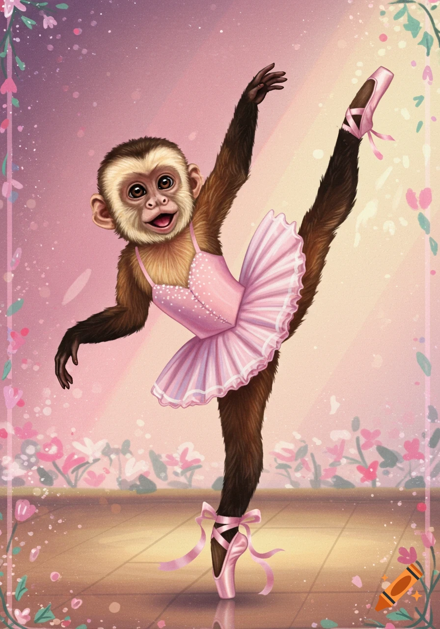 Illustration of a capuchin monkey in a pink ballet dress and pointe ...