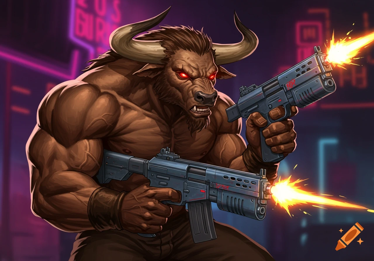 Muscular Minotaur with red eyes holds and shoots two guns in a neon-lit ...