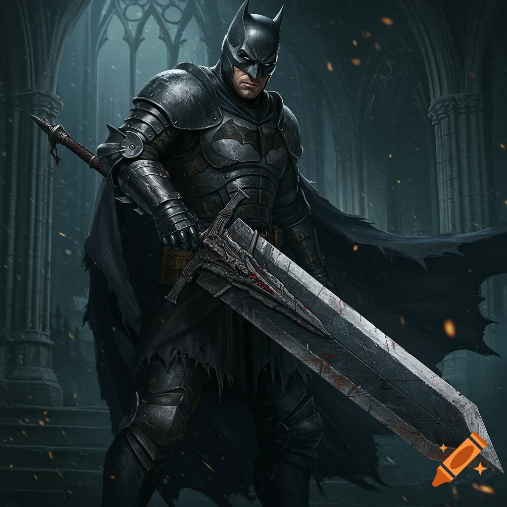 Armored Batman holding a bloody greatsword in a gothic cathedral. on Craiyon