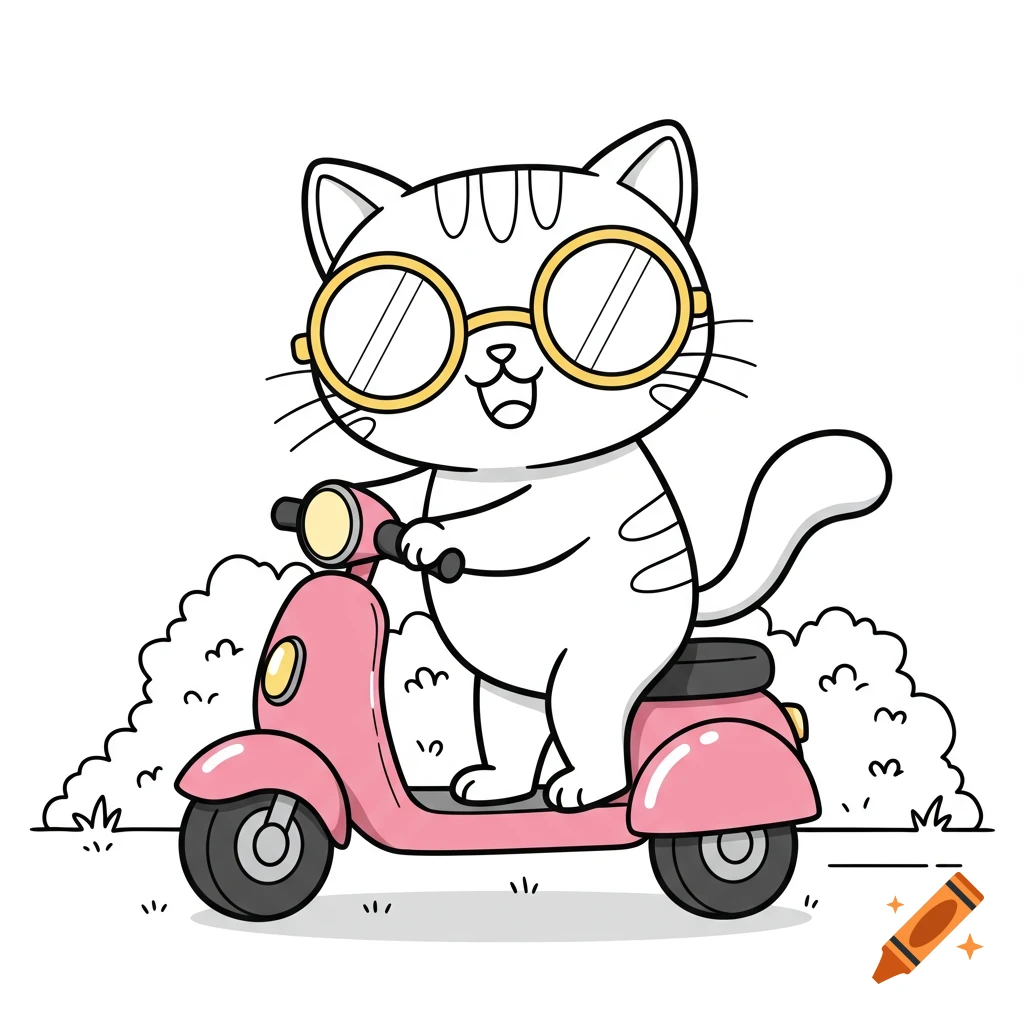 A cartoon cat wearing sunglasses rides a pink scooter. Coloring book ...