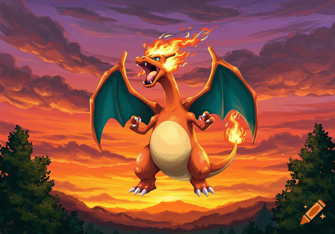 Illustration of Charizard against a vibrant sunset sky. on Craiyon