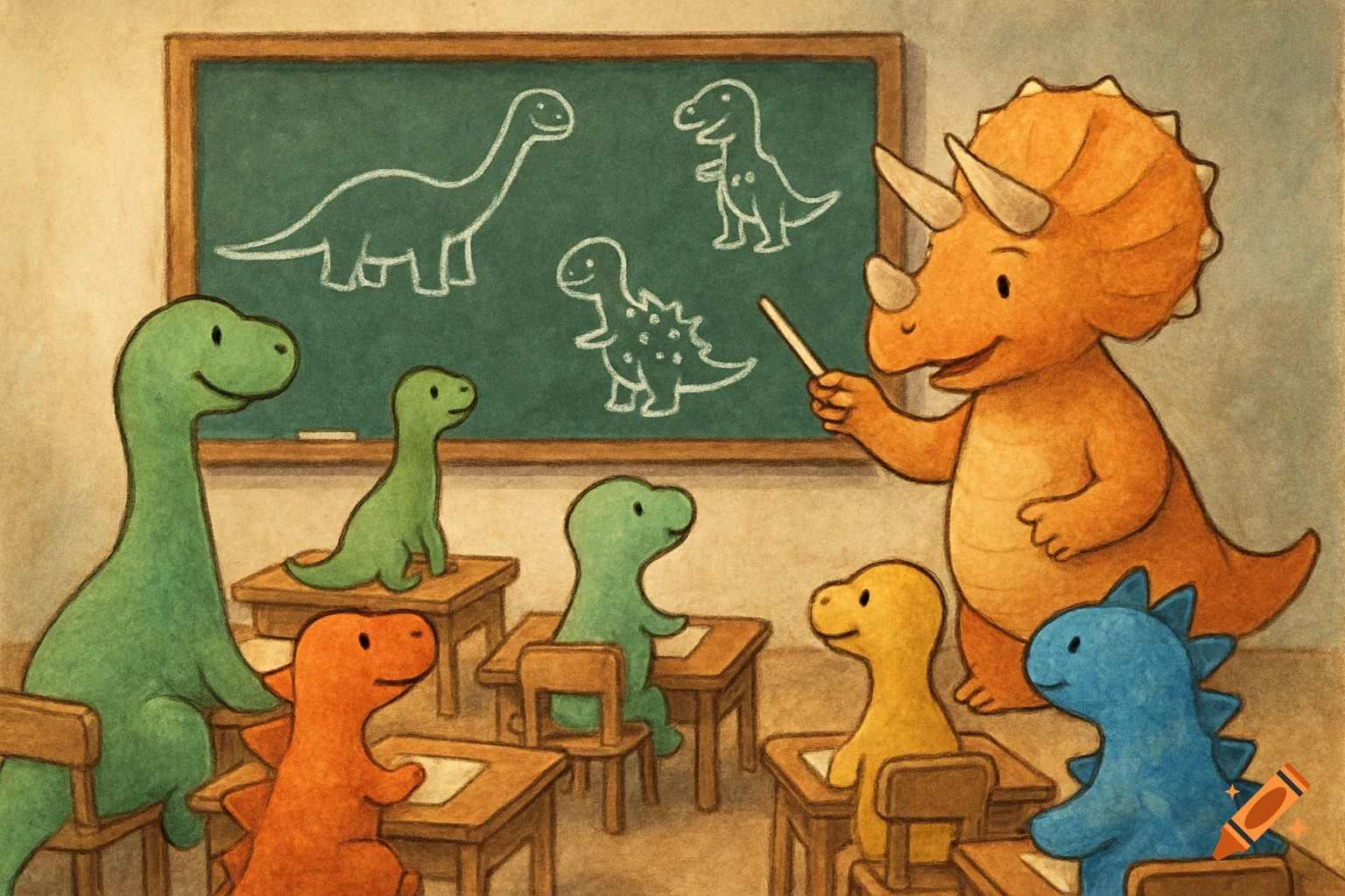 Illustration of cartoon dinosaurs in a classroom, with a triceratops ...